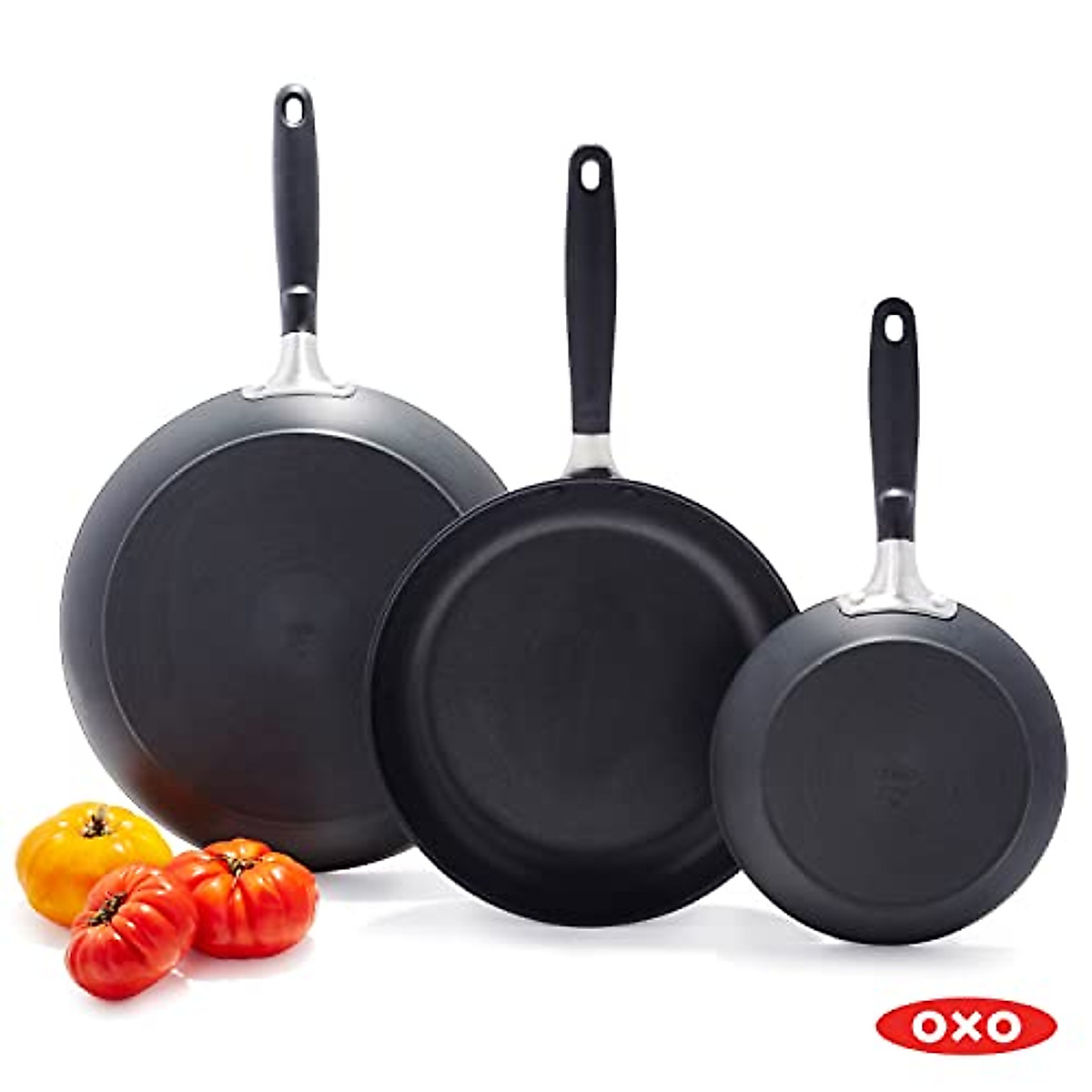 OXO Good Grips 8" 10" and 12" Frying Pan Skillet Set, 3-Layered German Engineered Nonstick Coating, Stainless Steel Handle with Nonslip Silicone, Black