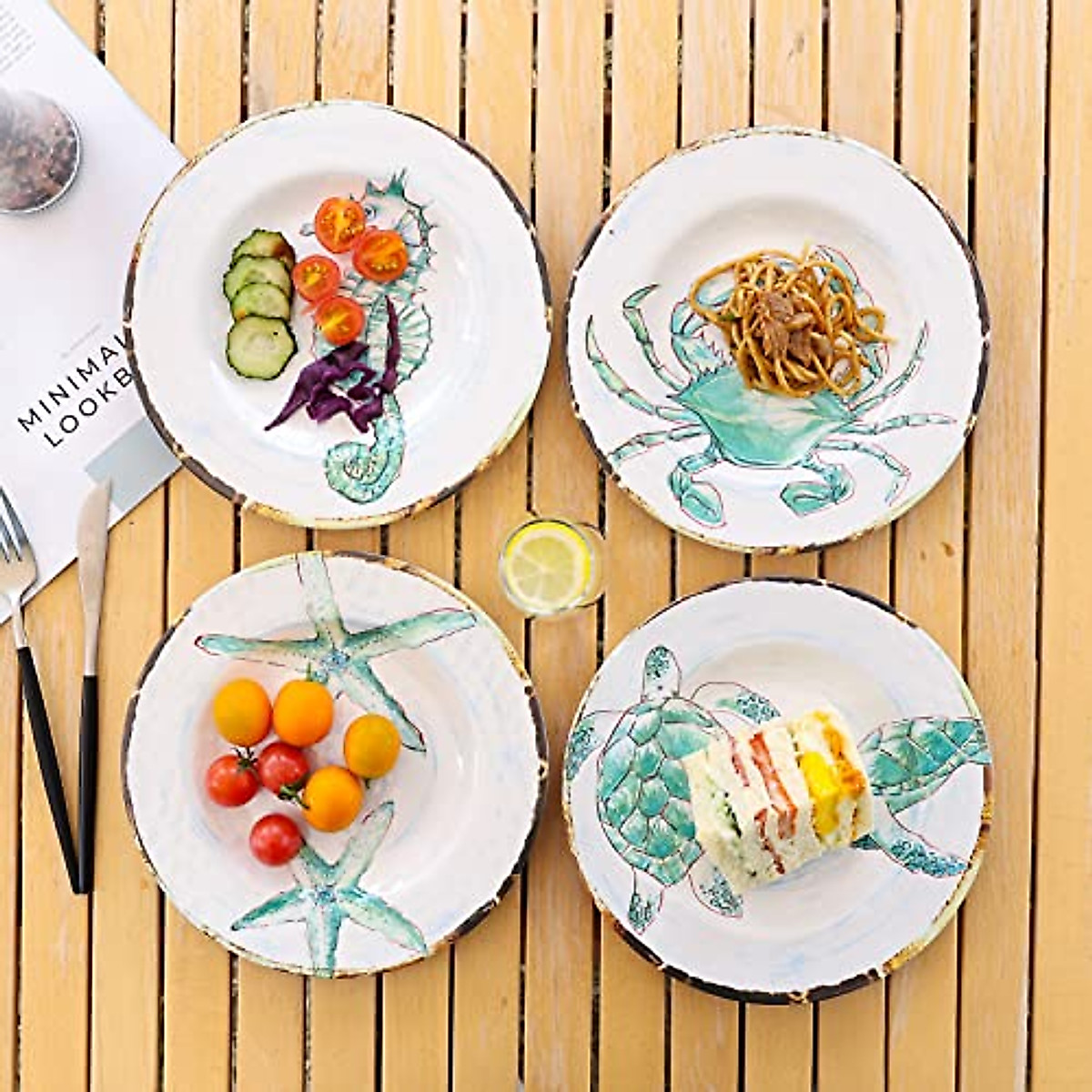 Gofunfun Melamine Salad Plates Set of 4, Salad/Dessert Plate for Outdoor/Indoor Use, Shatterproof, BPA Free, Dishwasher Safe Small Dinner Plates, Marine Life
