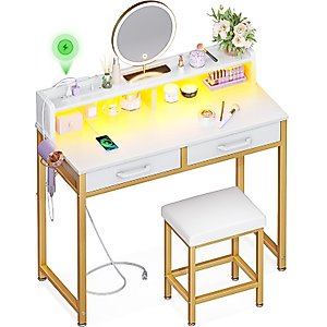 AODK Vanity Desk with Vanity Chair, Makeup Vanity with LED Lights, White Small Vanity Desk Without Mirror, 32 Inch Makeup Table for Small Space with 2 Fabric Drawers, Desk Make Up Vanity for Girls