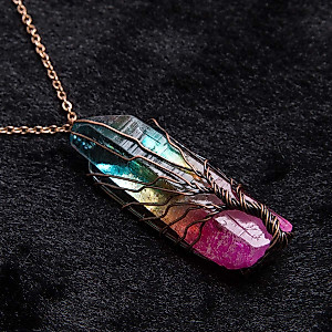 Bivei Life Tree Copper Wire Wrapped Natural Quartz Necklace Reiki Healing Crystal Point Chakra Pendant Jewelry Gift for Women(Bronze Titanium Coated Multi Color #1