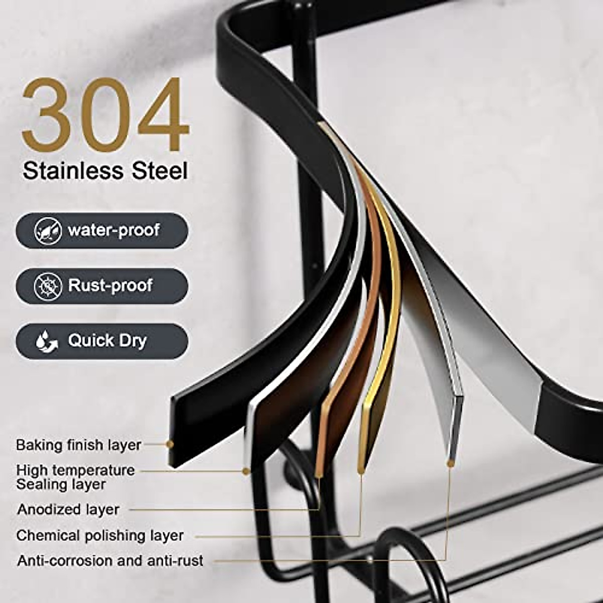 Bathroom Shower Shelf Organizer Rack 2-Pack, Strong Adhesive Shower Caddy with Soap Holder and 11 Hooks, No Drilling Wall Mounted Rustproof Stainless Steel Shower Shelf for Inside Shower, Black