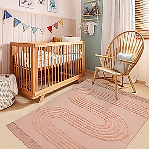 STARUIA Boho Pink Living Room Rug 5'x7' Washable Cotton Bedroom Rug, Woven Linear Tufted Nursery Area Rug with Tassels Accent Farmhouse Carpet for Teen Room Entryway Dorm