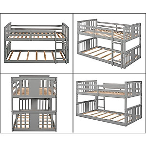 Merax Kids Bunk Bed Twin Over Twin, Wood Low Floor Bunkbed with Stairs Guardrail for Boys, Girls, Toddlers, No Box Spring Required, Grey
