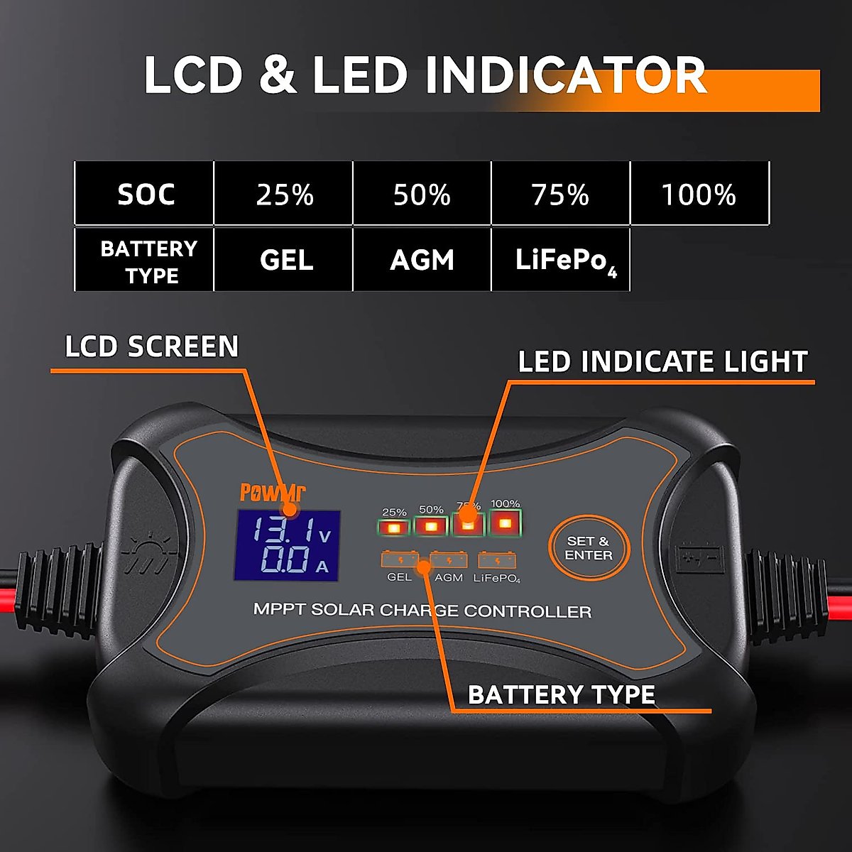 10A MPPT Solar Charge Controller 12V, PowMr 10 Amp 12 Volt Solar Panel Regulator with Digital LCD Display, Solar Intelligent Controller for 12V Lead-Acid, LiFePO4, Lithium Batteries
