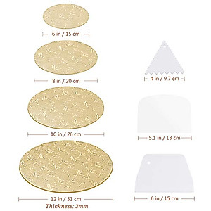 Hemoton 4Pcs Reusable Thicker Cake Boards with Embossed Foil Wrapping and 3 Scrapers for Cake Decoration Wedding Birthday Party 12" 10" 8" 6" (Gold)
