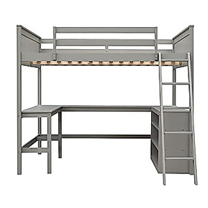 BIADNBZ Full Size Loft Bed with 2 Desks and Bookshelves,Wooden LoftBed with Guardrails and Ladder for Kids/Teens/Bedroom,Gray