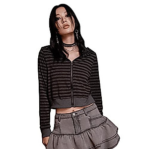Verdusa Women's Punk Rock Striped Print Zip Up Cropped Hoodie Sweatshirt Shirt Y2K Top Multicolor L