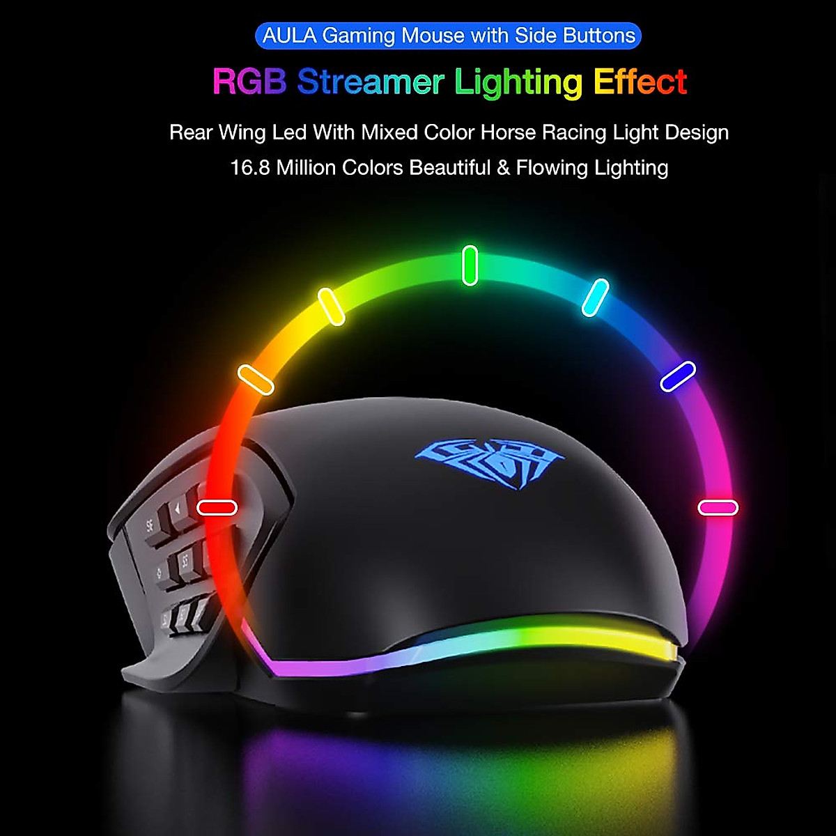 AULA H510 MMO Gaming Mouse, with Backlit RGB LED, 14 Buttons Programmable, 10,000 DPI, Ergonomic Optical Sensor USB Wired Computer Mice for FPS/MOBA Games, Black