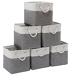 Cube Storage Bins, Collapsible Fabric Cube Storage Bin, 11 Inch Cube Storage Bins with Handles, Foldable Storage Cubes (White/ Gray, 6Pack)