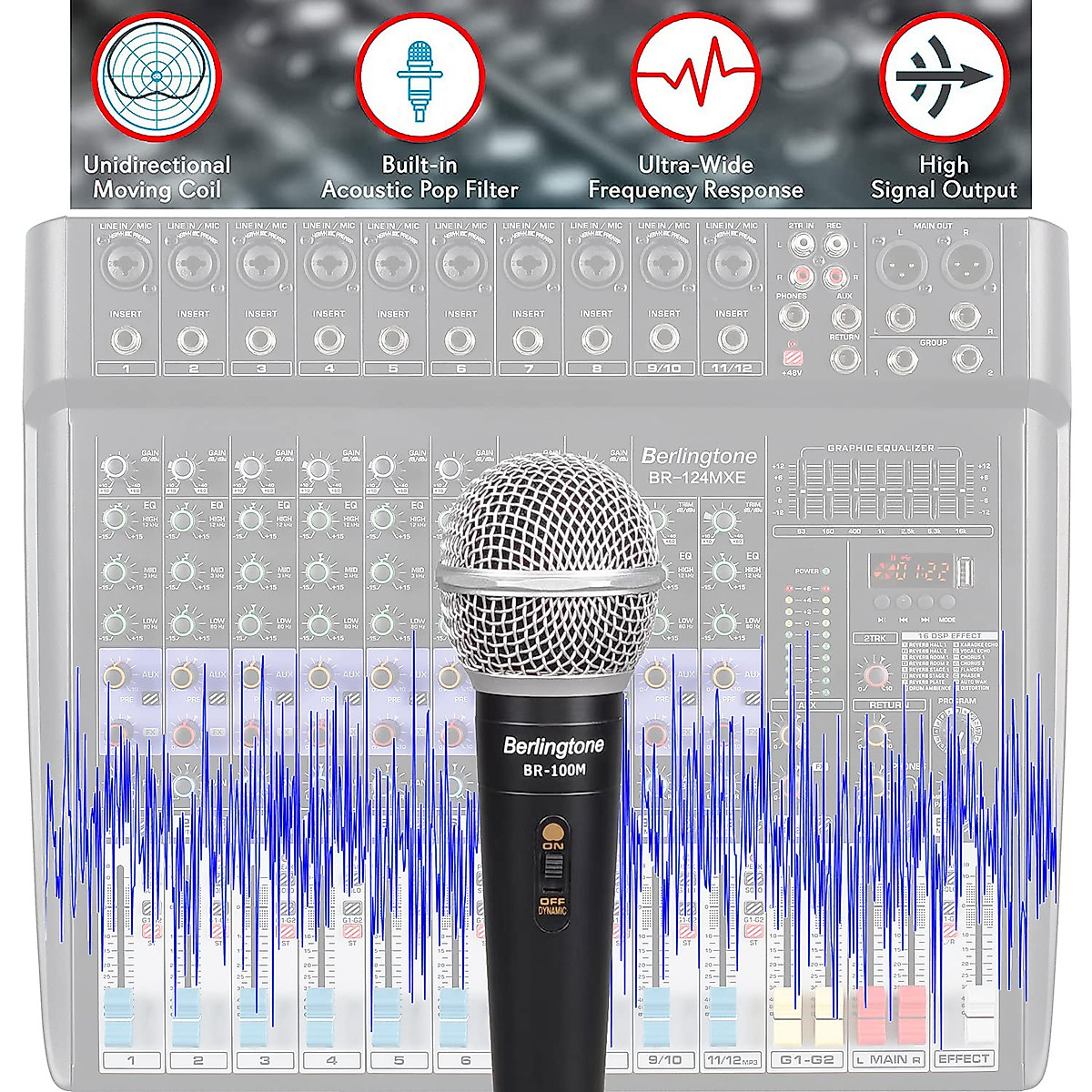 Berlingtone Dynamic Vocal Microphone - Metal Casing, Moving Coil Dynamic Cardioid Unidirectional Handheld Microphone with ON/OFF Switch Includes 25ft XLR Audio Cable to 1/4'' Audio Connection, BR-100M