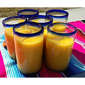 Hand Blown Mexican Drinking Glasses - Set of 6 Glasses with Cobalt Blue Rims (14 oz each)