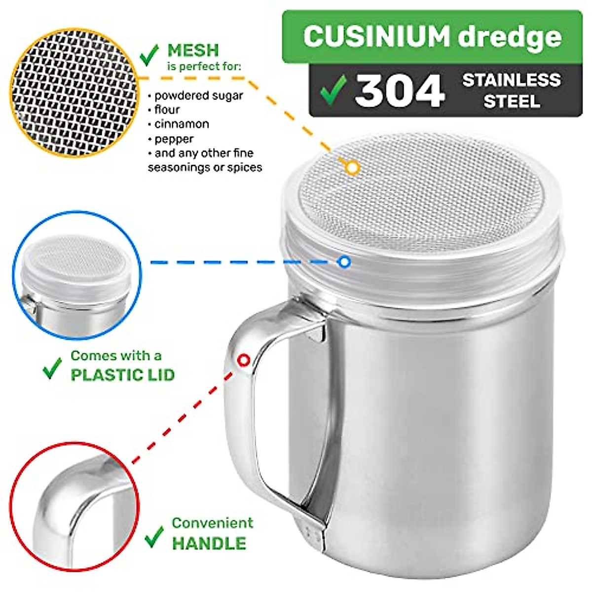 CUSINIUM Powdered Sugar Shaker Duster - With Handle - Cinnamon Shaker For Coffee Bar - Fine Mesh Dredge - 6 ounce, pack of 2 | Style: Fine