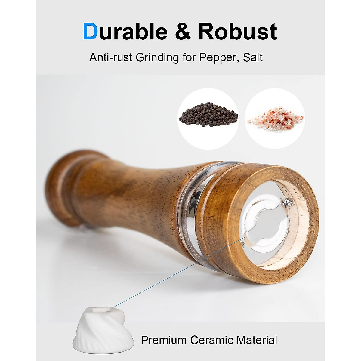 TooWoom Pepper Grinder Salt Grinder Wooden Pepper Mill Grinder w/Adjustable Coarse, 8 inch Tall Wood Refillable Manual Pepper Grinder Mill Peppermill for Black Peppercorn, Easy Clean w/Cleaning Brush