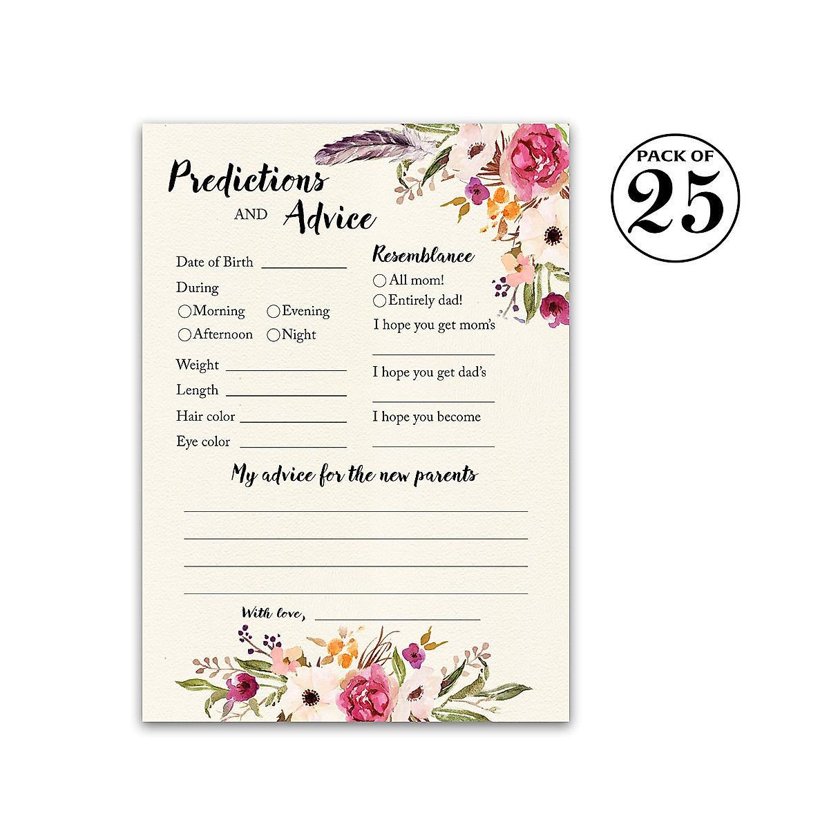 BOHO Prediction and Advice Cards - Pack of 25 - BOHEMIAN Pink GIRL Baby Shower Games, Floral Wishes for New Parents Mom & Dad to be Mommy & Daddy Message, Coed Shower Activity Keepsake Book G400-PDAV
