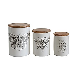 Creative Co-op White Stoneware Bee Image & Bamboo Lid Jar, Canister, Multicolor