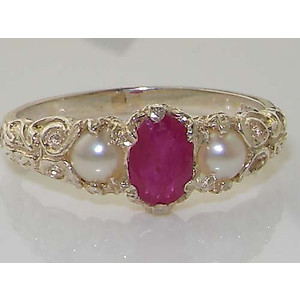 LetsBuyGold 925 Sterling Silver Real Genuine Ruby and Cultured Pearl Womens Band Ring - Size 10