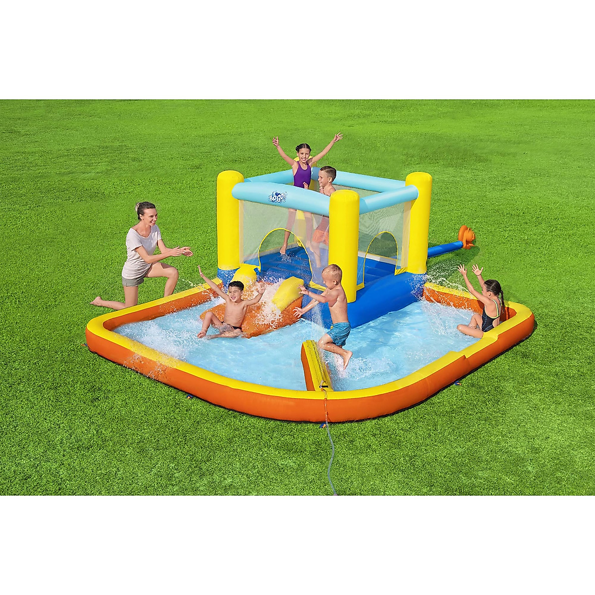 Bestway H2OGO! Beach Bounce House Kids Outdoor Inflatable Water Slide Park with Water Wall, Ground Stakes, Storage Bag, and Air Blower for Quick Setup