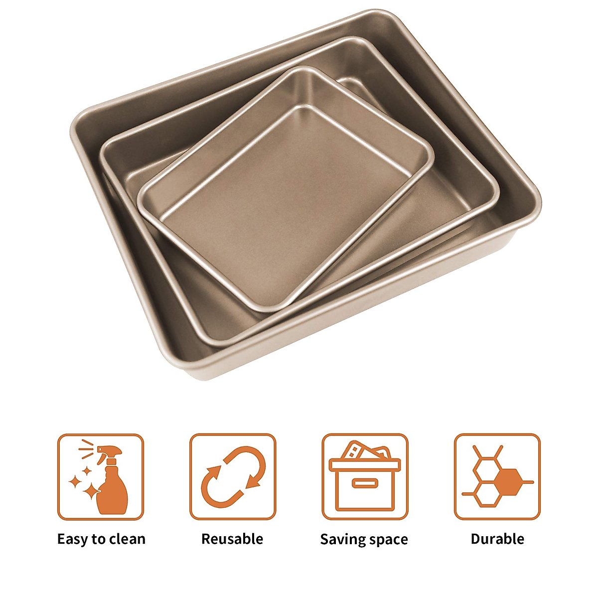 SuperMa 3 Pack Deep Baking Pans Set Nonstick Rectangular Cookie Sheets 9 11 13 Inch Baking Sheets for Baking Bread, Toaster Bakeware Gold