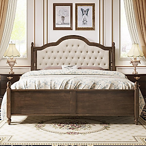 LUXOAK King Size Wood Bed Frame with Upholstered Headboard, Solid Wood Platform Bed with Linen Tufted, No Box Spring Needed, Easy Assembly, Walnut