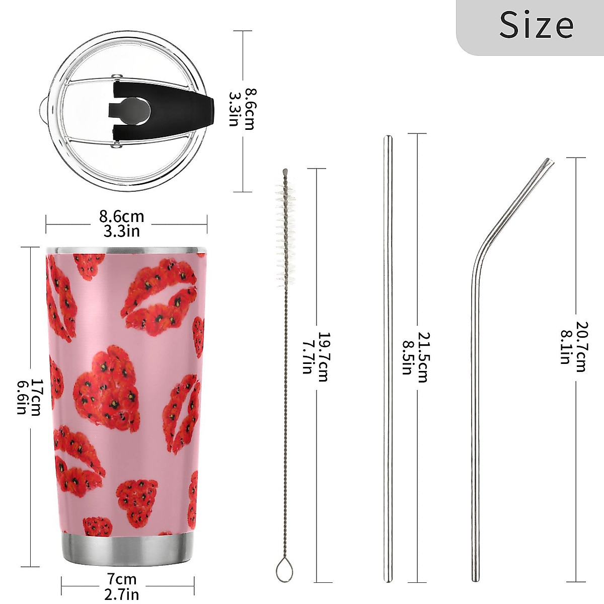 Yasala Valentines Tumbler Poppy Heart Lip Romance Insulated Coffee Cup Beverage Container Office Travel Mug with Straw and Lid 20oz Holiday Back to School Gift