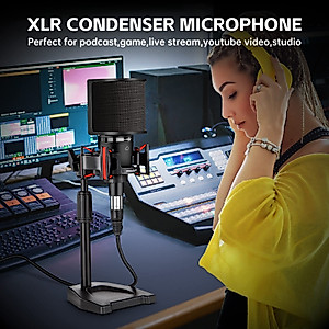 PROAR Condenser Microphone XLR, Cardioid Pickup Pattern, 48V Phantom Power Required, Shock Mount & Pop Filter Included, Sturdy Base & Height Adjustable Stand