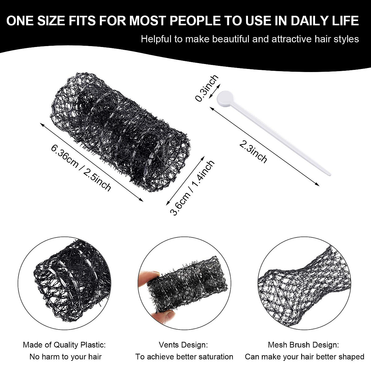 20 Pieces Hair Styling Brush Roller Hair Curler Roller Hair Mesh Roller and 20 Pieces Plastic Roller Picks for Women Girls Hair Styling (2.5 x 1.4 Inch,Black)