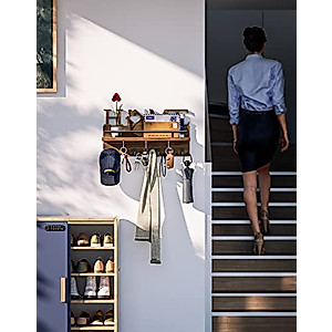 SWTYMIKI Key Holder for Wall with Home Decoration, Wood Mail Organizer with Double Key Hooks & Mail Holder Design, Wall Mounted Key Hanger for Entryway, Front Door, Hallway, Office, Brown