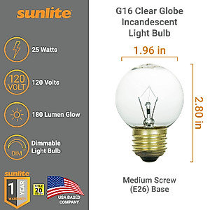 Sunlite 40135 G16 Globe Incandescent Light Bulbs, 25 Watts, Medium Base (E26), 120 Volt, Dimmable, 180 Lumens, Title 20 Approved, 2600K Warm White, Clear, 12 Count