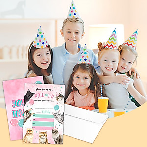 TFCIATE Cute Pet Cat Birthday Party Invitation Cards, 20 Double-Sided Birthday Fill-in Invitation with Envelopes, Let's Paw-Ty Kitty Cats Party Favors Supplies For Kids，Boys and Girls - A026