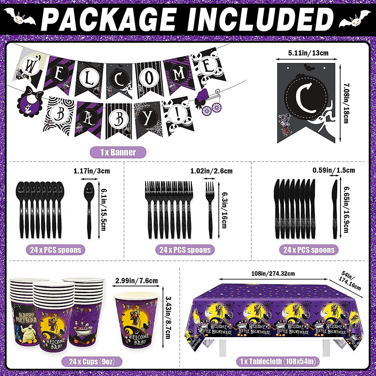 HigzYovn 183Pcs Welcome Little Nightmare Baby Shower Decorations Nightmare Before Christmas Party Supplies Nightmare Before Christmas Baby Shower Decorations Tableware for Baby Shower Party Decor