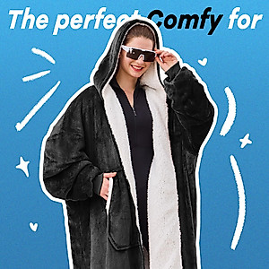 JOYWOO Oversized Wearable Blanket Hoodie, Long Hooded Blanket for Adult, Birthday Christmas Gifts for Women Men, Cozy Sherpa Sweatshirt Blanket with Giant Pocket and Zipper, Black