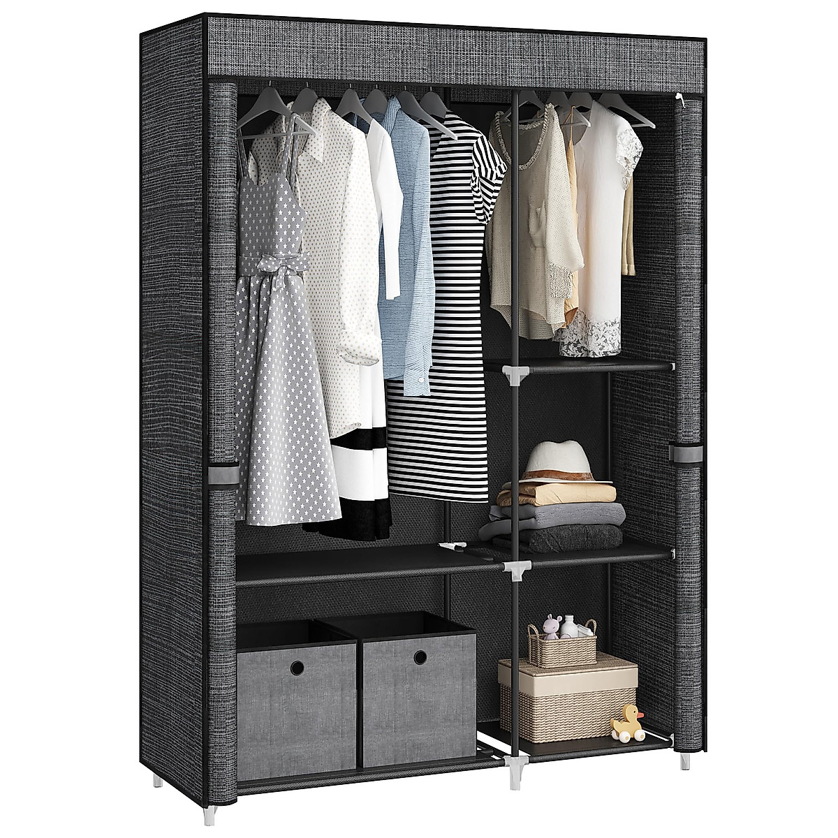 Hzuaneri 47.6-inch Closet Wardrobe, Portable Closet for Bedroom, 2 Clothes Rail with Non-Woven Fabric Cover, Clothes Storage Organizer, 5 Compartments, Black WO0503BC