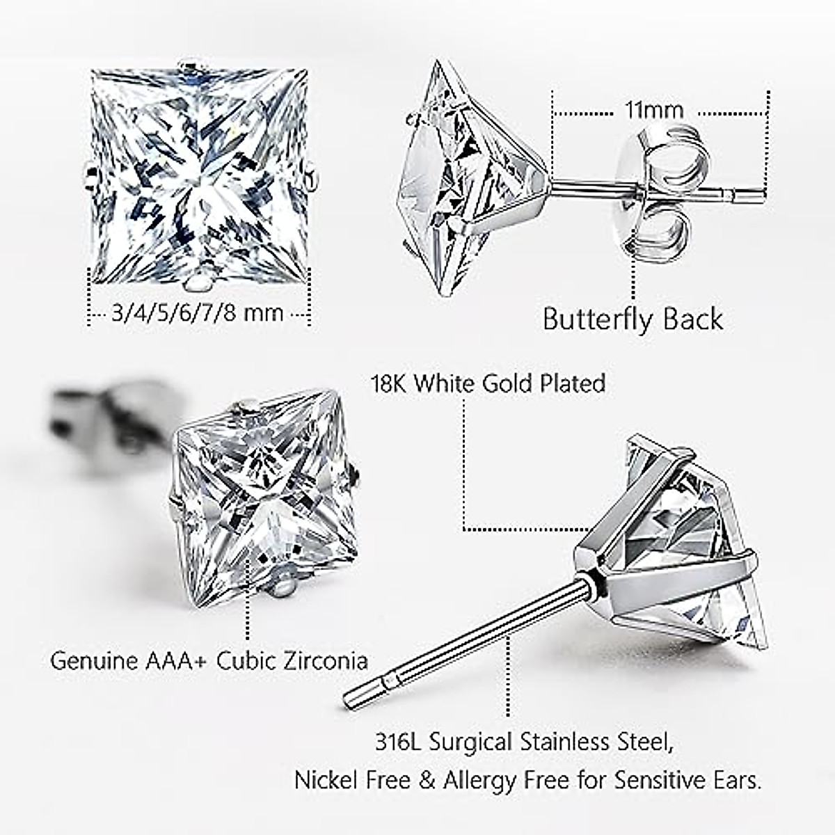 UHIBROS Stainless Steel Stud Earrings Set for Men, 18K White Gold Plated Square Cubic Zirconia Studs Hypoallergenic Mens Earrings Pack 6 Pairs, Gifts for Men Women
