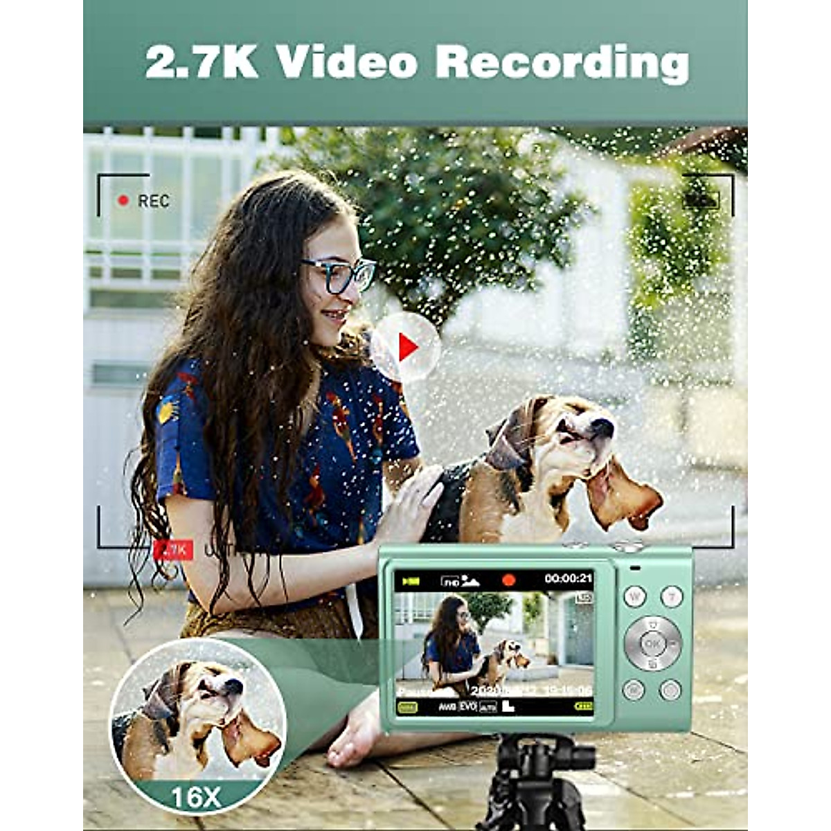 Digital Camera 2.7K 48MP Vlogging Camera, Auto Focus Digital Point and Shoot Camera with 32GB Memory Card,16X Zoom-Pink