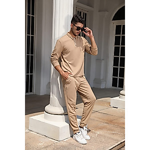 FZNHQL Men's Golf Polo Suits Stylish Athletic Tracksuits Two Piece Casual Long Sleeve Jogging Gym Sweat Suits Outfit for Men Workout Sports Set Khaki Brown XL