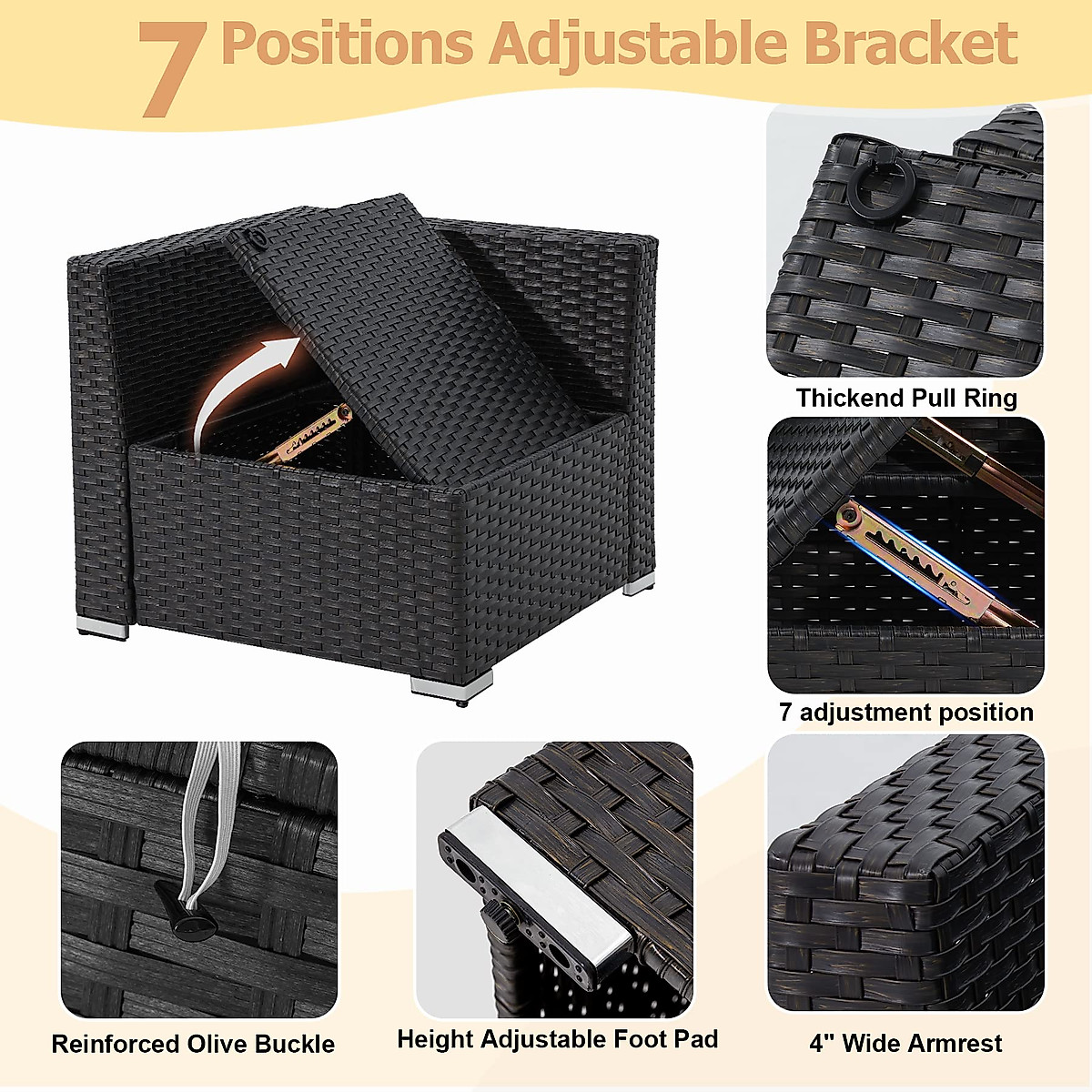 RYNSTO 7 Piece Patio Furniture Set with Adjustable Bracket Brown Rattan Wicker Patio Conversation Sets Sectional Sofa Set with Table and Cushions for Porch Lawn Garden, Beige