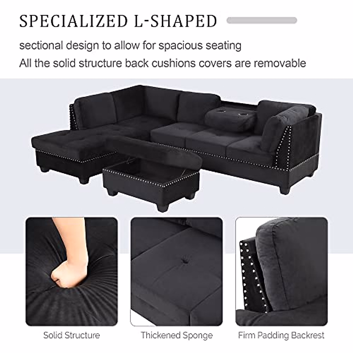 ERYE L-Shaped Corner Sectional Couch with Reversible Lounge Chaise and Drop-Down Cupholders,Modern Living Room Nailhead Decor 6 Seaters Sofa&Couch W/Storage Ottoman for Home Office Apartment