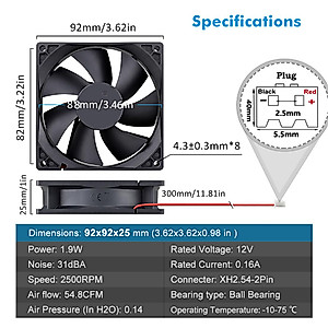 Wathai 9225 92mm x 25mm 12V DC Brushless Computer case Fan 12 Volt 2Pin Dual Ball for DIY Cooling Ventilation Exhaust Projects