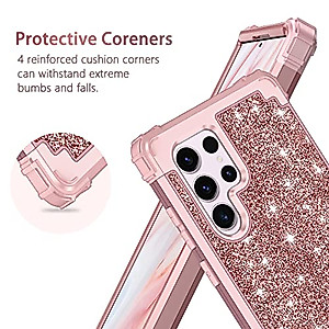 LONTECT for Galaxy S23 Ultra Case with 2 Camera Lens Protector,Three-Layer Shockproof Heavy Duty Full Body Sturdy Protective Case for Samsung Galaxy S23 Ultra 5G,Rose Gold
