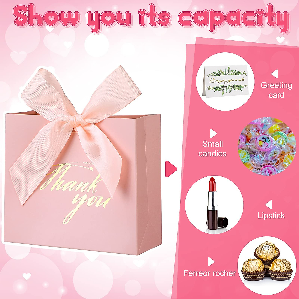 36 Pcs Thank You Gift Bag Party Favor Candy Bags Pure Pink Paper Gift Boxes Mini Paper Gift Bags with Pink Bow Ribbon Decor for Wedding, Bridal Baby Shower, Party Favor (4.53 x 1.77 x 3.94 Inches)