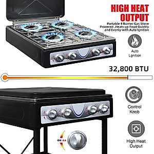 4 Burner Gas Stove Camping Stove Propane Burner Portable Stable RV Stove Top Stainless Steel Camping Grill Stove Outdoor Safety with Removable Stand, CSA Certified Gas Regulator and Hose Easy to Clean