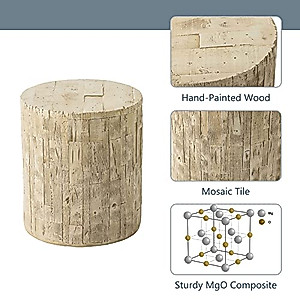 COSIEST 2 Pieces Outdoor Side Table, Mosaic MgO Patio End Table, Lightweight Cylinder Accent Table, Round Stump Table Plant Stand for Garden and Deck, Cream