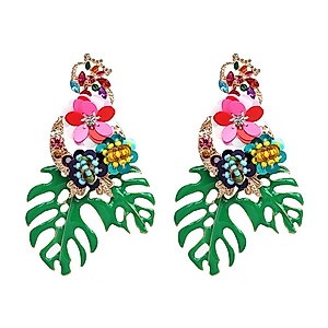 Lureme Colorful Segmented Leaf Dangle Earrings, Zinc Alloy, 2.09 in3.54 in5.3 in9.0 cm, Green