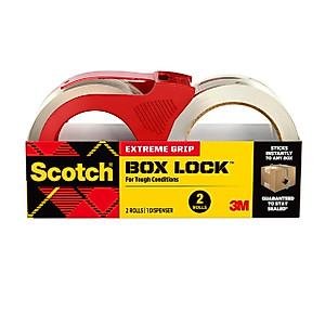 Scotch Box Lock Packaging Tape, 2 Rolls with 1 Refillable Dispenser, 1.88 in x 54.6 yd, Extreme Grip, Sticks Instantly to Any Box