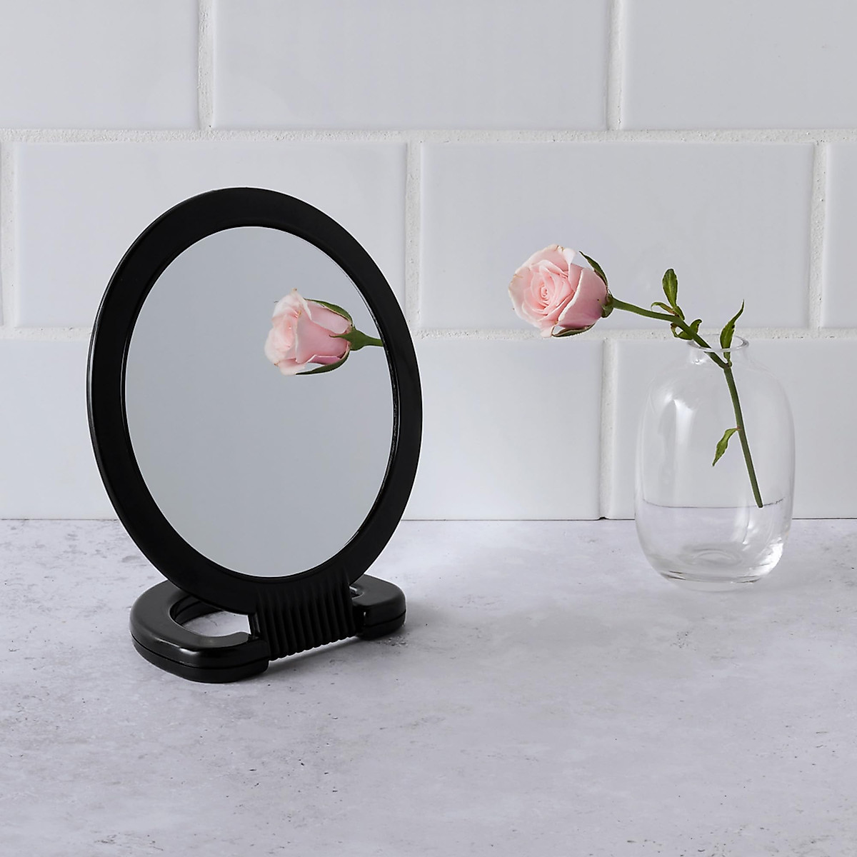 Diane Plastic Handheld Mirror – Magnifying 2-Sided Vanity Mirror with Folding Circle Handle and Stand for Hanging – Medium Size, 6”x 10” for Travel, Bathroom, Desk, Makeup, Beauty, Grooming, D1014