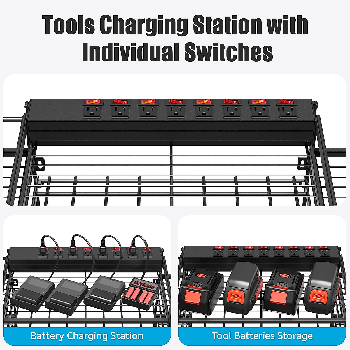 CCCEI Black Power Tools Organizers Wall Mount, Large Tools and Battery Storage Rack Charging Station. 8 Drill Holder, All Metal, Garage Utility Shelves with 6FT Power Strip. Gift for Men.