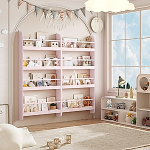 FOTOSOK Kids Bookshelf, Wall Mount 4-Tier Book Shelf Organizer for Toys and Books, Toy Storage Bookshelf in Bedroom, Living Room and Nursery, Pink