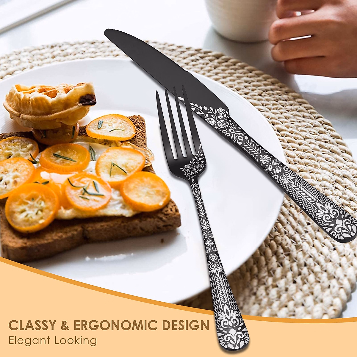 EUIRIO 36-Piece Black Silverware Set with Steak Knives, Black Flatware Set for 6, Stainless Steel Mirror Cutlery Set, Spoons Forks Knives Set with Unique Floral Laser, Eating Utensils, Dishwasher Safe