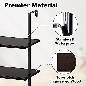 pickpiff Ladder Shelf Bookcase 5 Tier, Extra Sturdy Modern Bookshelf Wall Mounted, Tall Black Open Book Shelf, Standing Industrial Metal Frame with Wooden Shelves