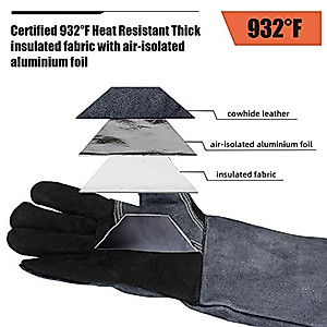 OZERO 932°F Heat Resistant Welding Gloves 16 inches Cowhide Leather - Long Sleeve and Insulated Lining BBQ Glove for Tig Welder/Mig/Grill/Barbecue/Green Egg/Stove Black-gray